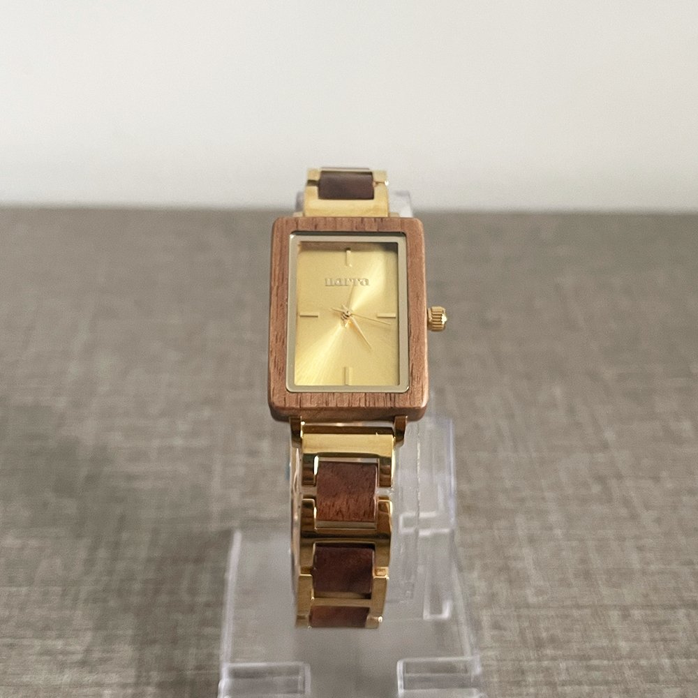 Amber in Walnut and Gold Rectangular Wooden Watch – Narra Wooden Watches